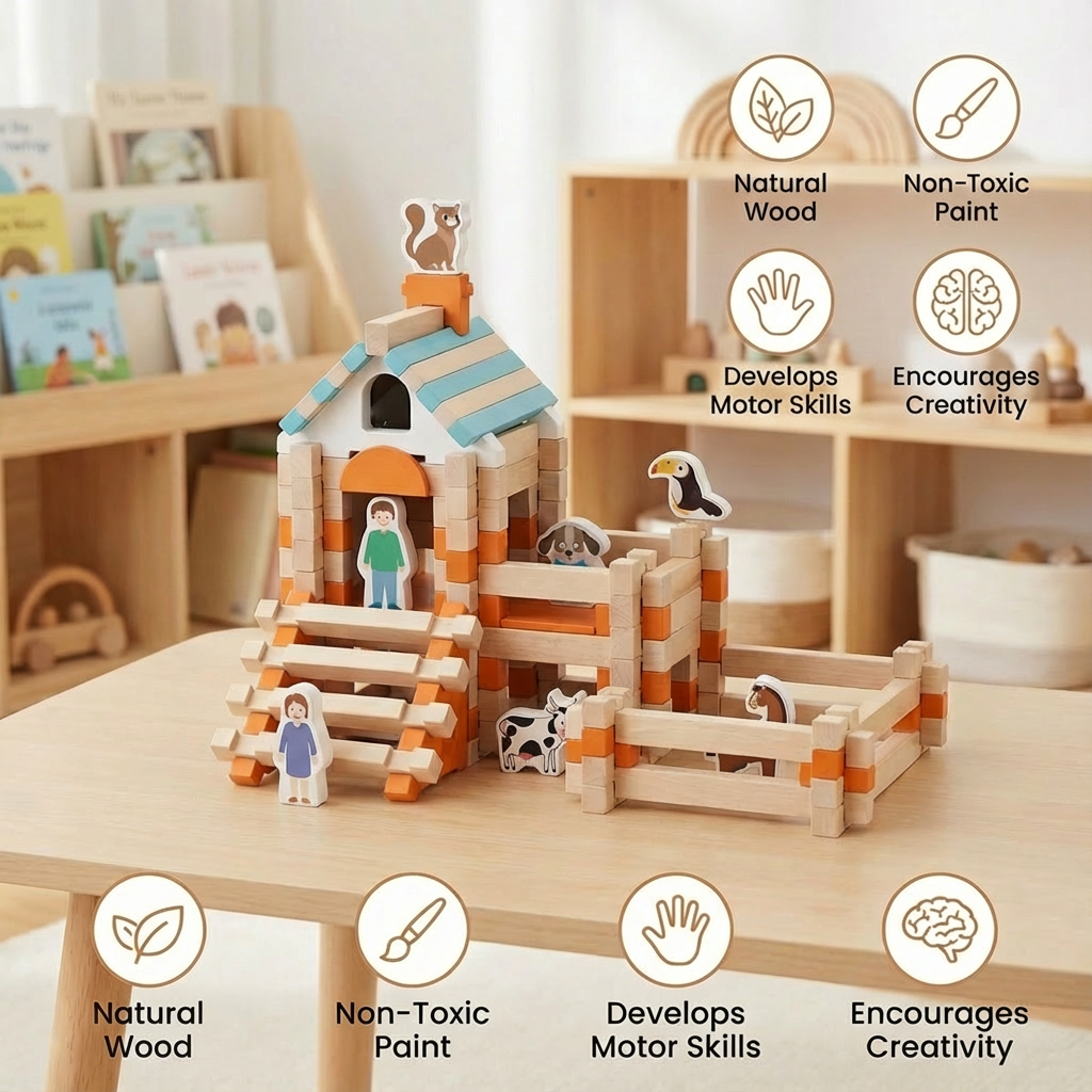 Montessori Wooden Block Set – Natural Stacking & Building Toy – Kiddofinds